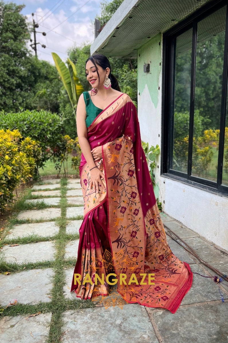 Golden Maroon Pure Paithani Silk Saree With Traditional Border
